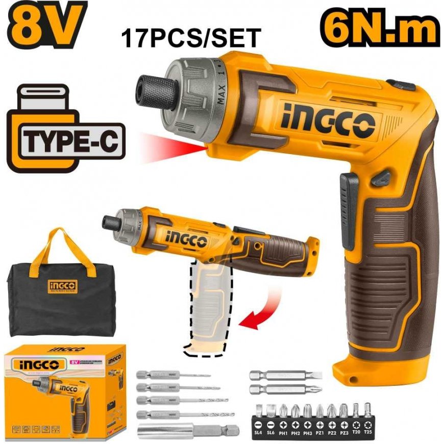 Ingco CSDLI0802 Cordless screwdriver with integrated battery + set of ...